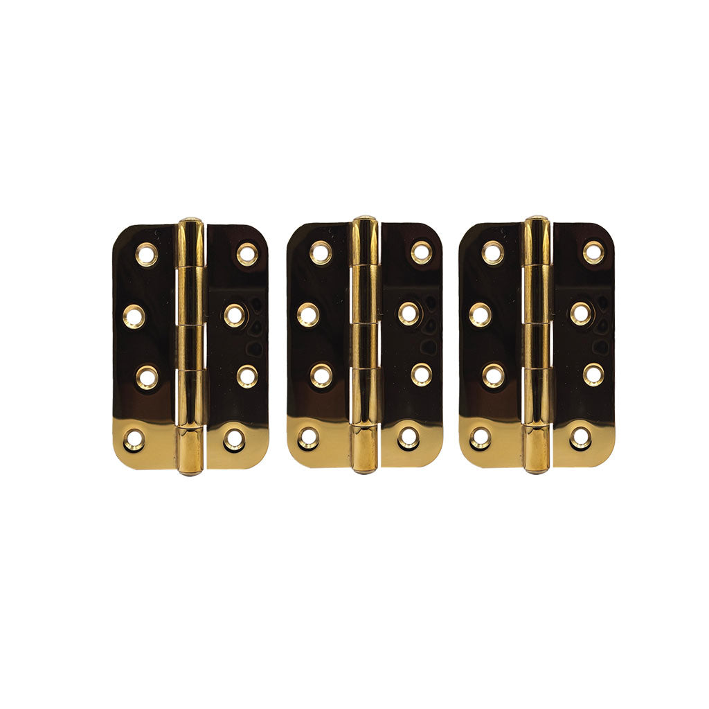 3x Ares Loft Style Polished Gold Finish Radius Cornered Hinges 102x67x