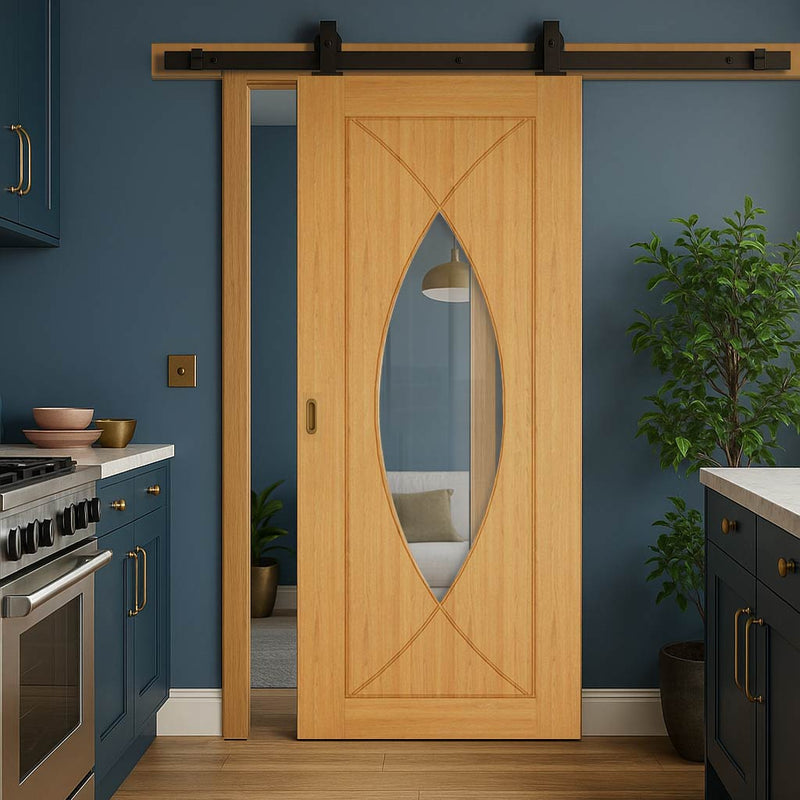 Top Mounted Black Sliding Track & Door - Amalfi Oak Door - Clear Glass ...