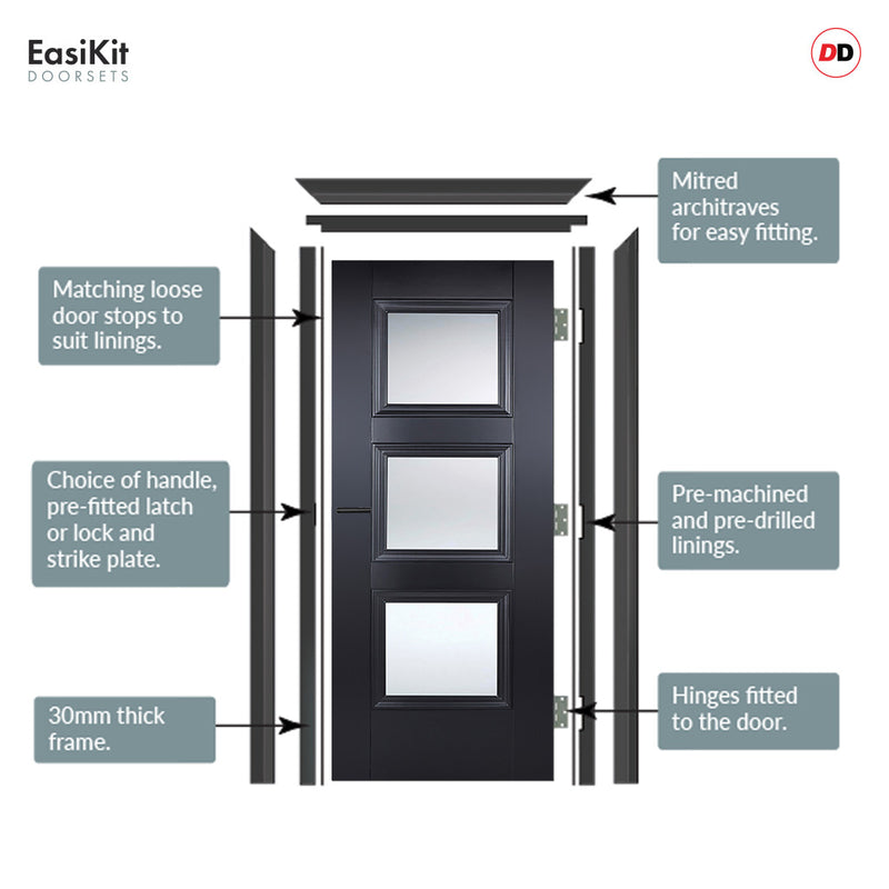 EasiKit Internal Door and Frame Kit - Amsterdam 3 Pane Black Primed In ...