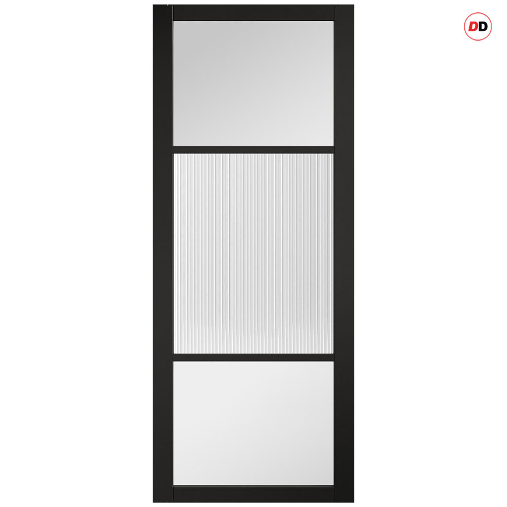 Sutton Black Single Evokit Pocket Door - With Clear & Reeded Glass - P