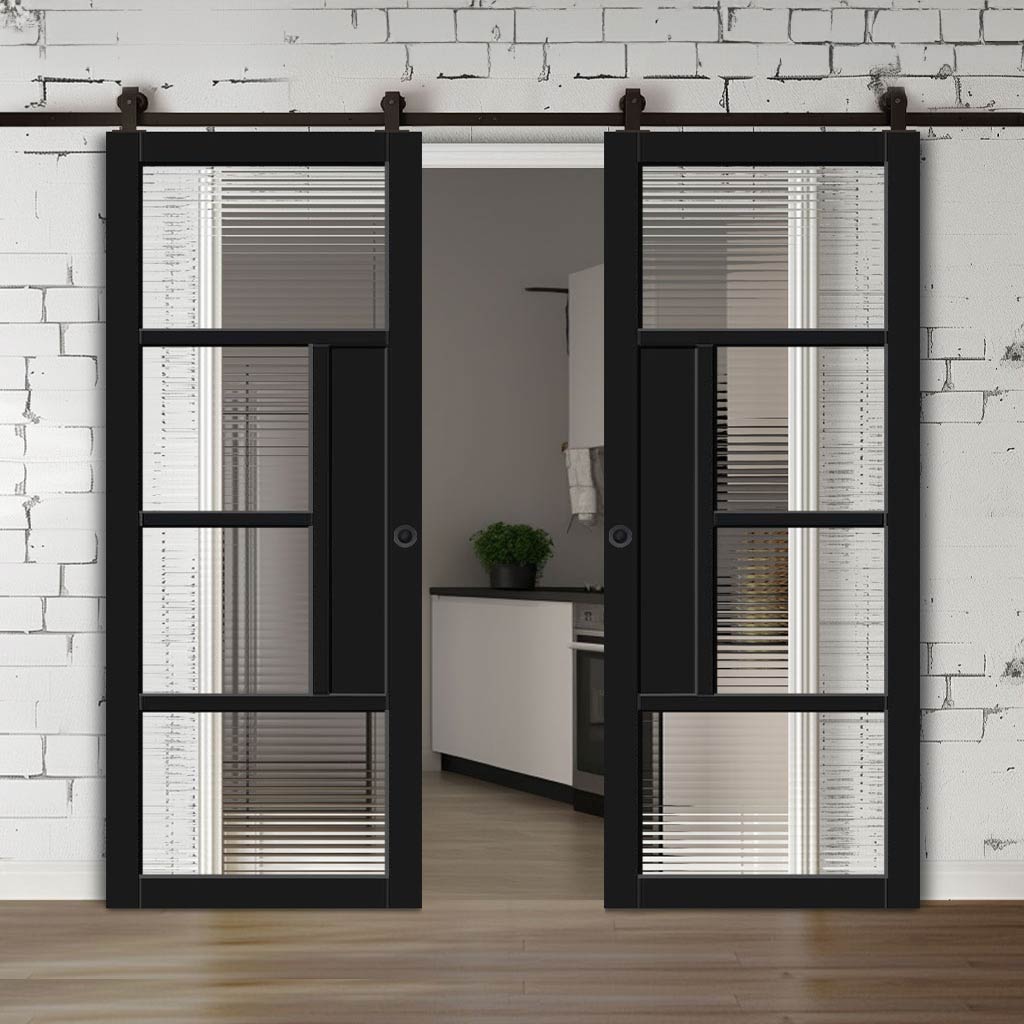 Top Mounted Black Sliding Track & Solid Wood Double Doors - Eco-Urban