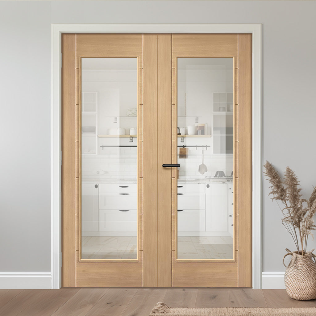 Carini 1L Oak Internal Door Pair - Clear Glass - Prefinished