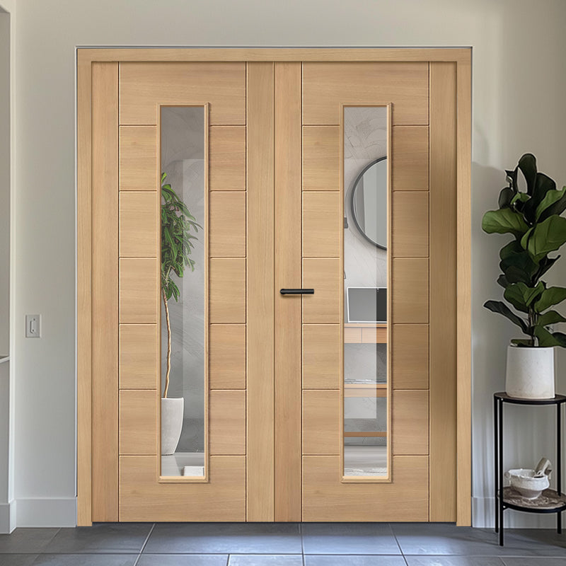 Carini Oak Internal Internal Door Pair - Long Clear Glass - Prefinishe ...