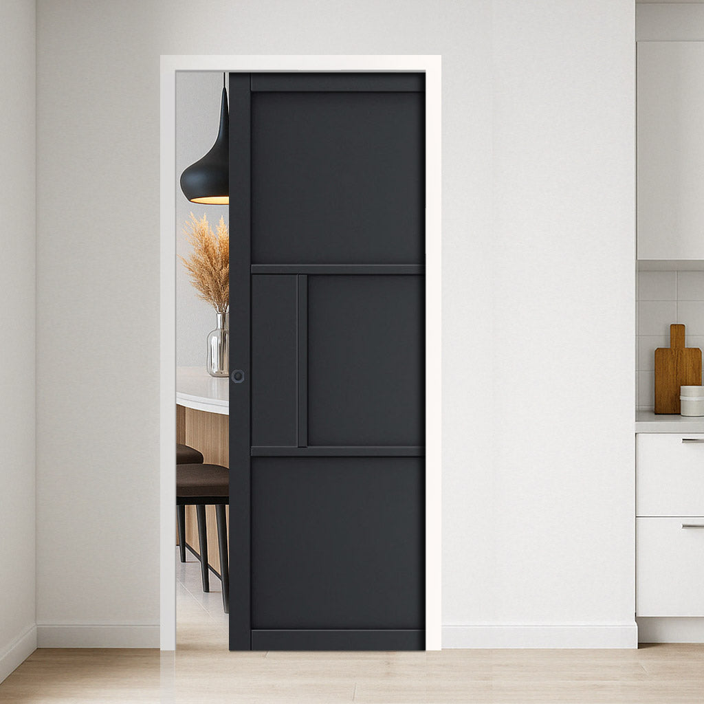 Cosmo Black Industrial Panel Single Evokit Pocket Door - Laminated - P