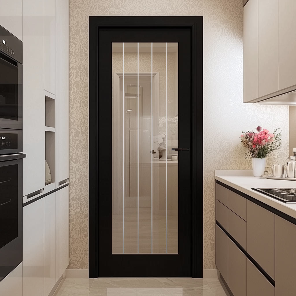 JB Kind Cottage Black Internal Door with Clear Etched Glass - Black Ma