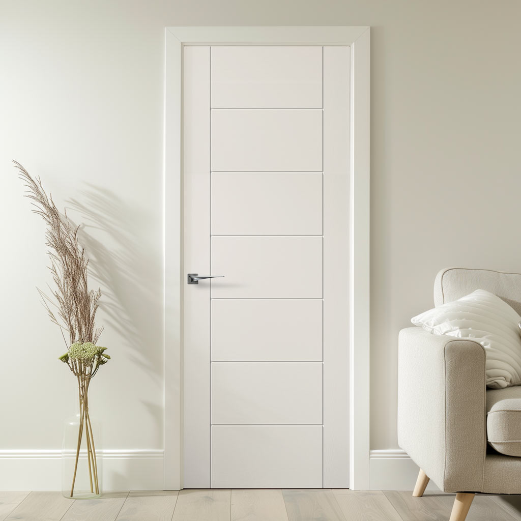 Fire Rated Internal Door - Linear 7 Panel Door - White Laminated - Pre