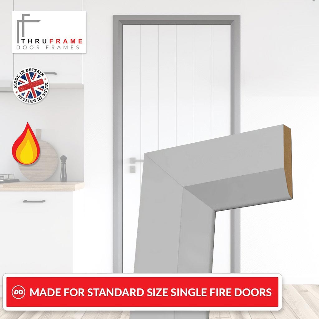 Made to Size Single Fire Door Frame and Modern Architrave Kit in Mist