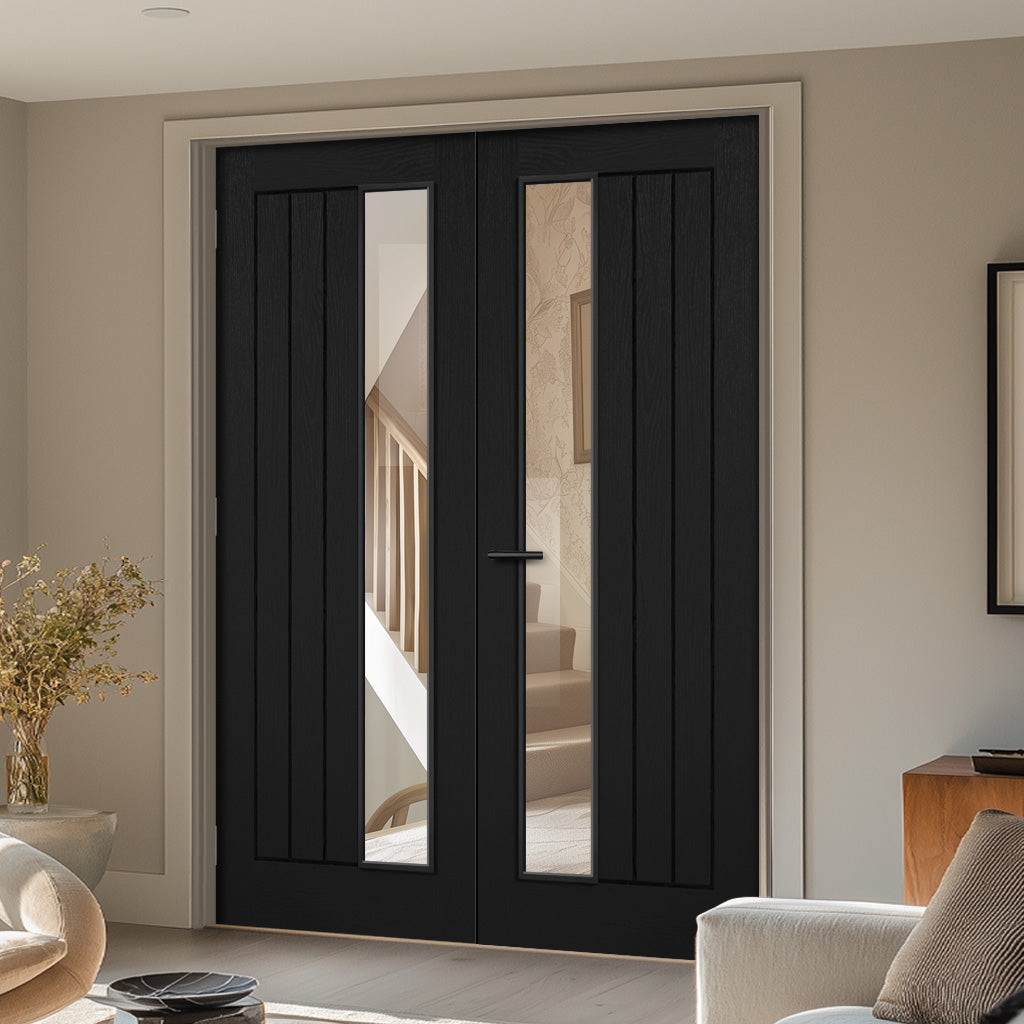 Mexicano Black Internal Door Pair - Vertical Lining - Offset Clear Gla