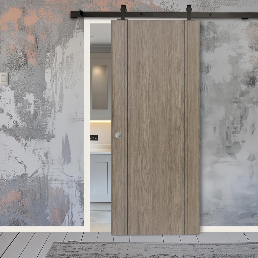 Top Mounted Black Sliding Track & Door - Monaco Flush Light Grey Inter