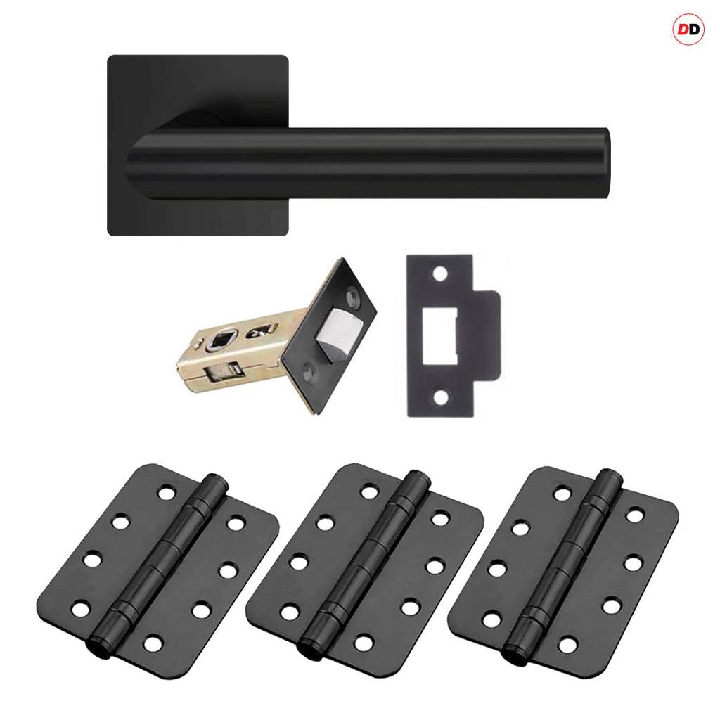 Orlando Door Lever Handle Pack - 3 Radius Cornered Hinges - Matt Black