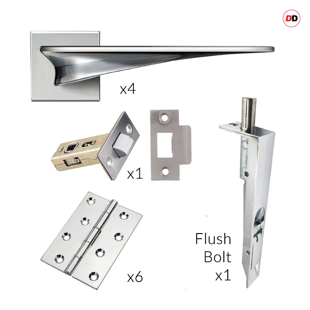 Zenith Double Door Lever Handle Pack - 6 Square Hinges - Polished Chro