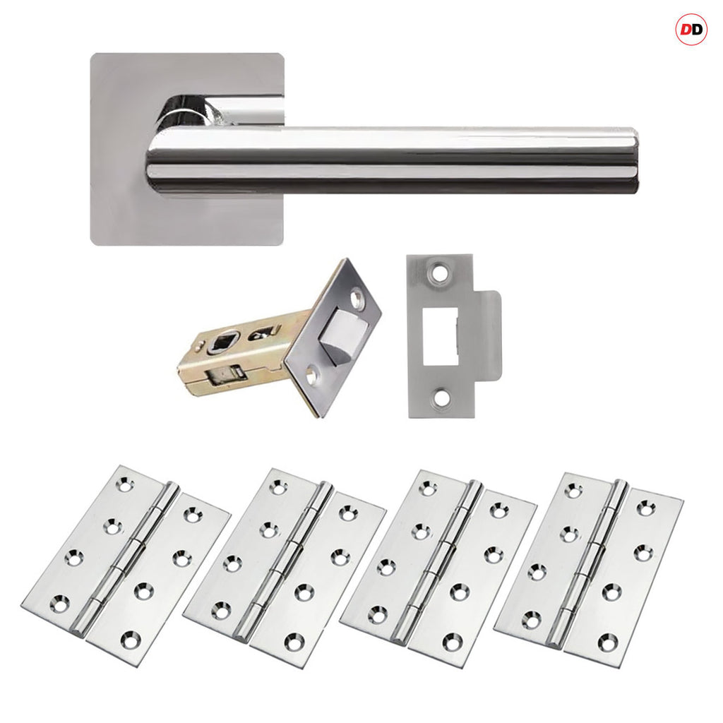 Orlando Door Lever Handle Pack - 4 Square Hinges - Polished Stainless