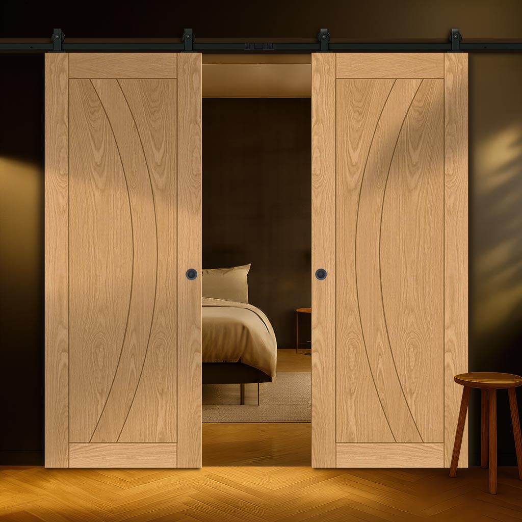 Top Mounted Black Sliding Track & Double Door - Ravello Oak Door - Unf