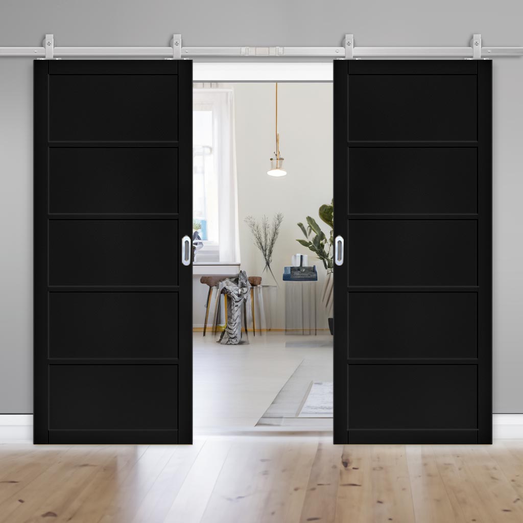 Top Mounted Stainless Steel Sliding Track & Shoreditch Black Double Do
