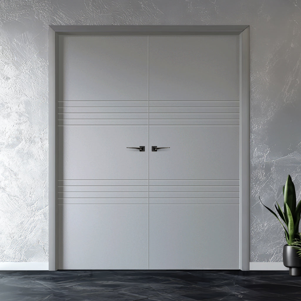 V-Line® Grooved Flush Door Pair V006 - Premium Primed - Six Colour Opt