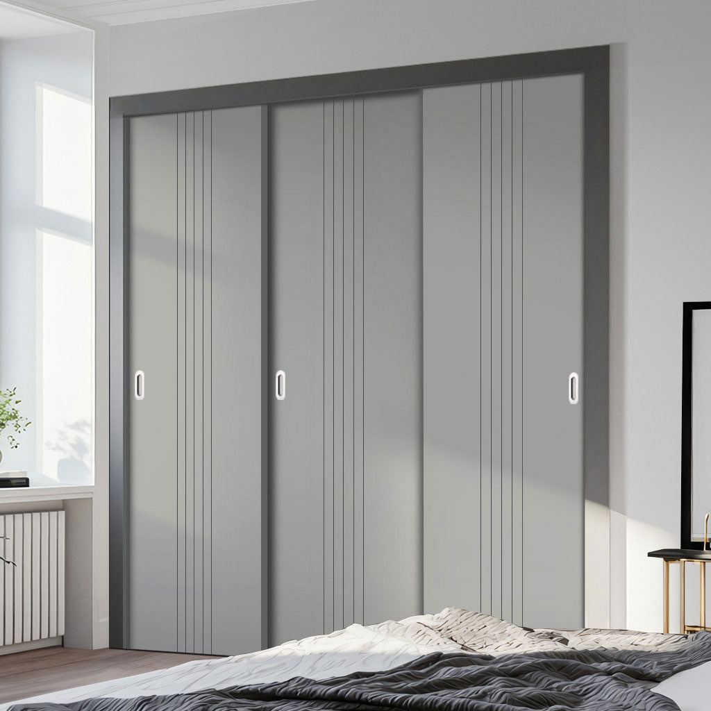 Three Sliding Minimal Wardrobe Doors & Frame Kit - V-Line® Grooved Flu ...