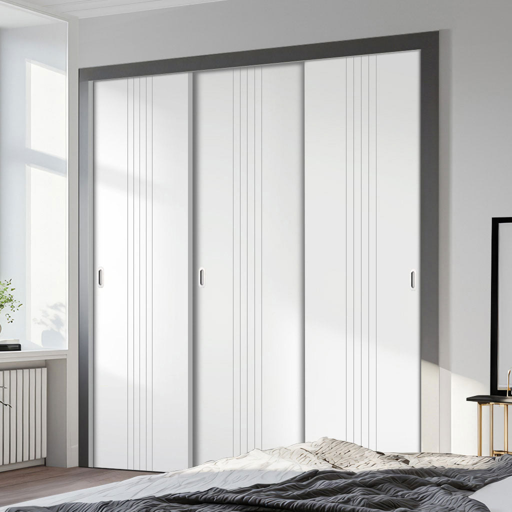 Three Sliding Minimal Wardrobe Doors & Frame Kit - V-Line® Grooved Flu ...