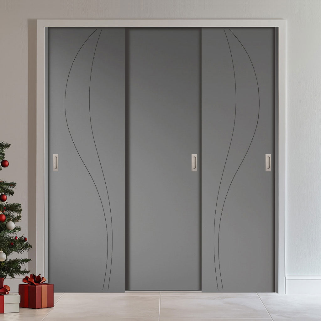Three Sliding Minimal Wardrobe Doors & Frame Kit - V-Line® Grooved Flu ...