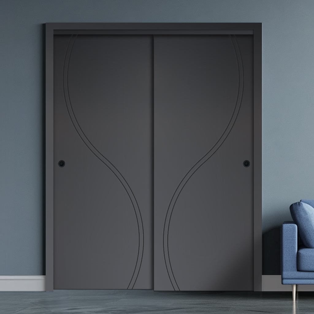 Two Sliding Minimal Wardrobe Doors & Frame Kit - V-Line® Grooved Flush