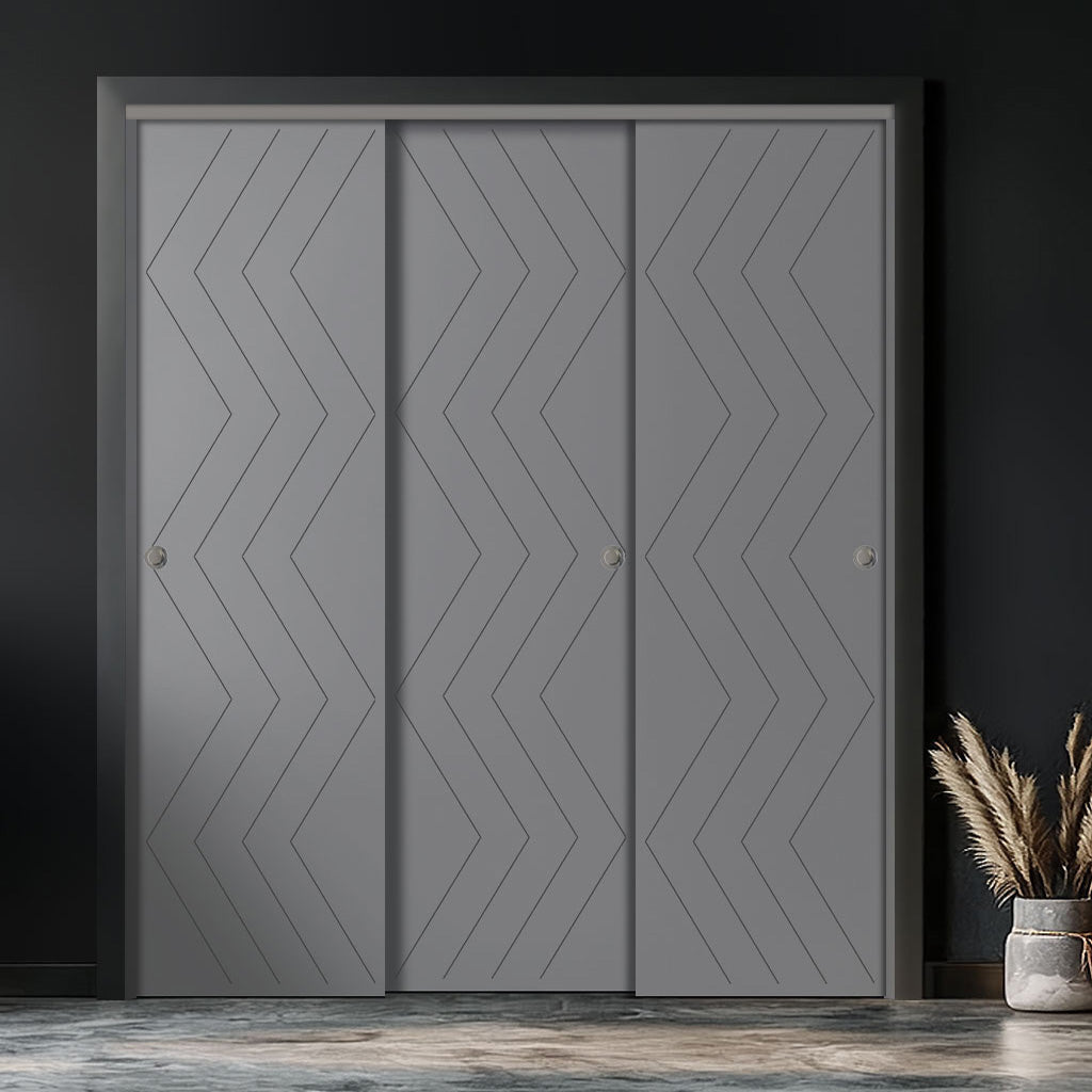 Three Sliding Minimal Wardrobe Doors & Frame Kit - V-Line® Grooved Flu