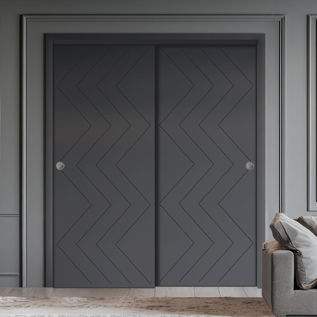 Two Sliding Minimal Wardrobe Doors & Frame Kit - V-Line® Grooved Flush