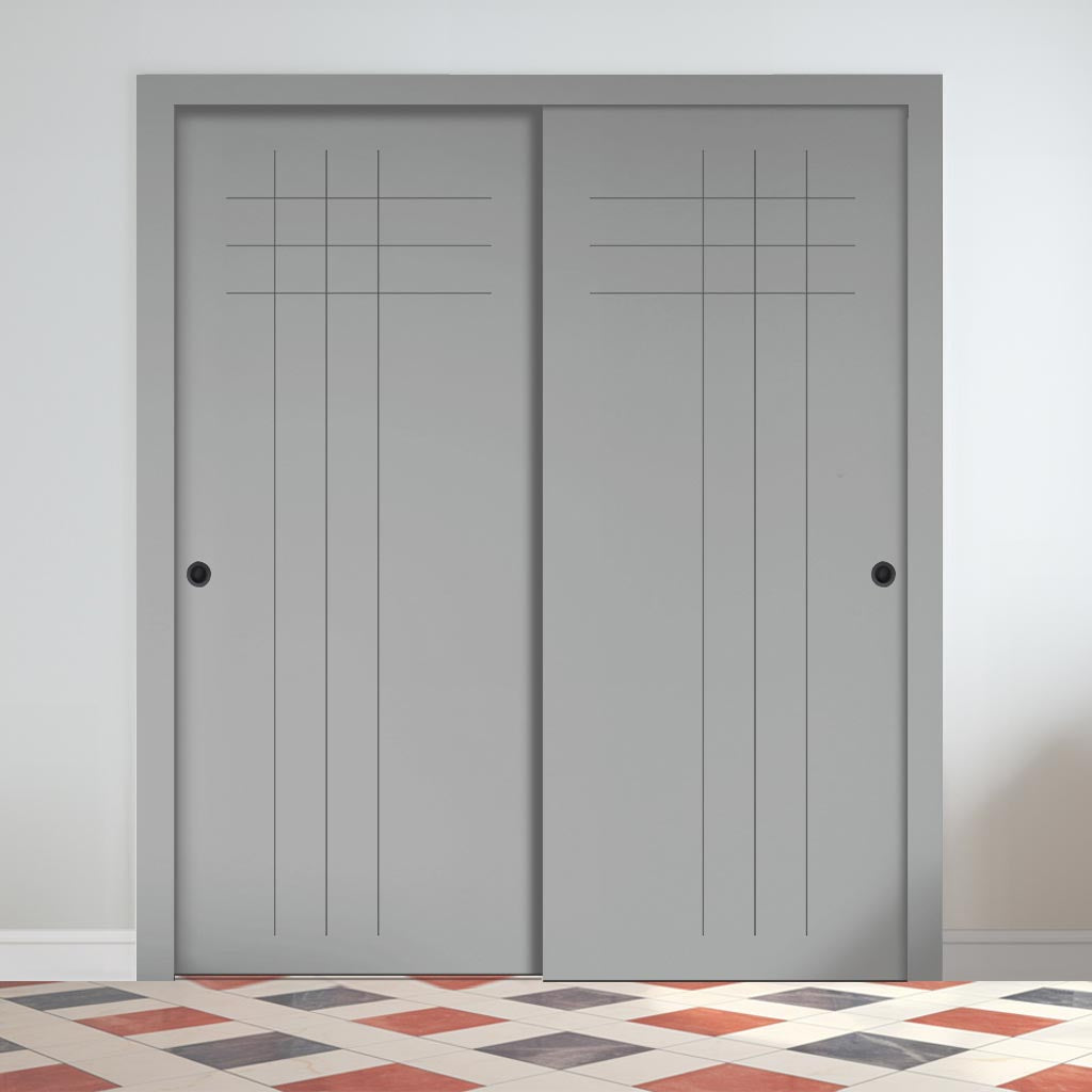 Two Sliding Minimal Wardrobe Doors & Frame Kit - V-Line® Grooved Flush