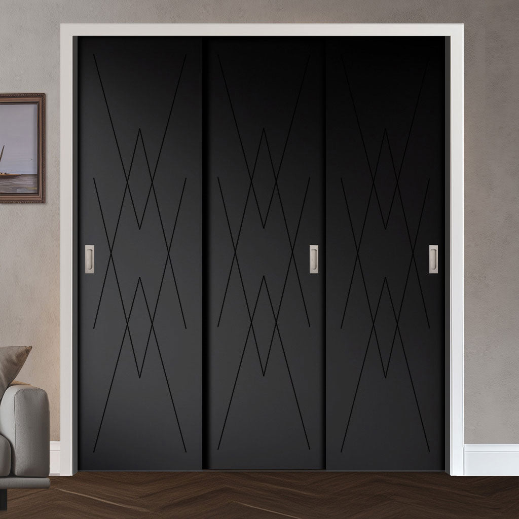 Three Sliding Minimal Wardrobe Doors & Frame Kit - V-Line® Grooved Flu
