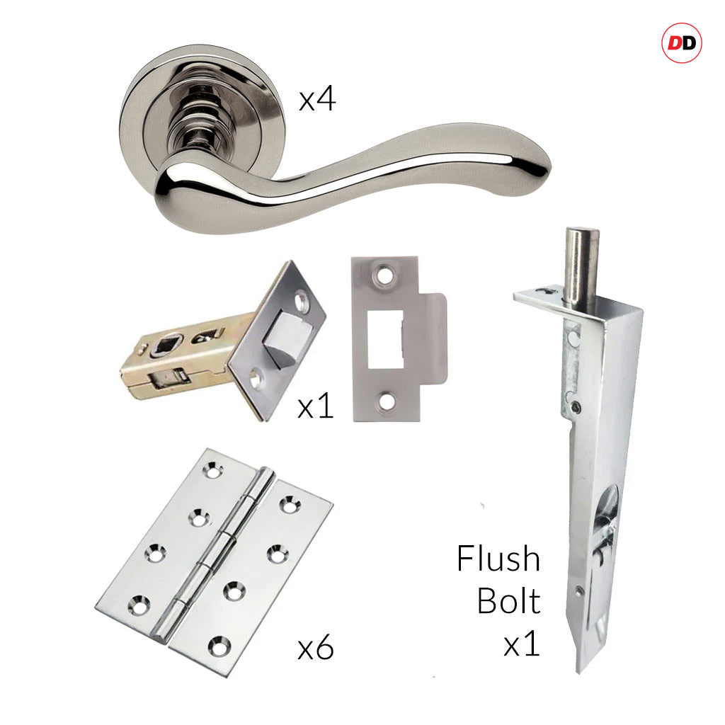 Bari Double Door Lever Handle Pack - 6 Square Hinges - Polished Chrome