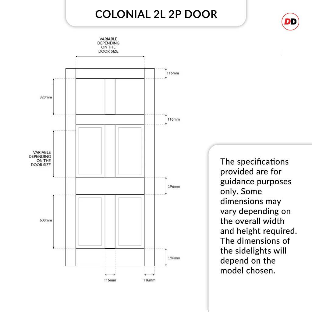 Exterior Colonial 2L 4P Front Door with Transom - Customisable: Size,
