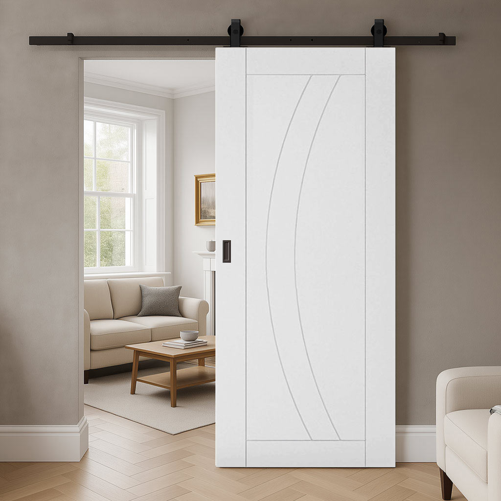 Top Mounted Black Sliding Track & Door - Ravello White Primed Flush Do