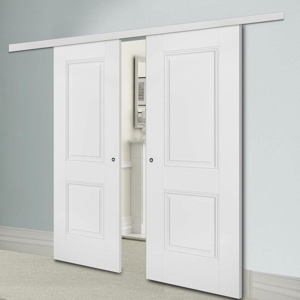 Premium Double Sliding Door & Wall Track - Arnhem 2 Panel Door - White