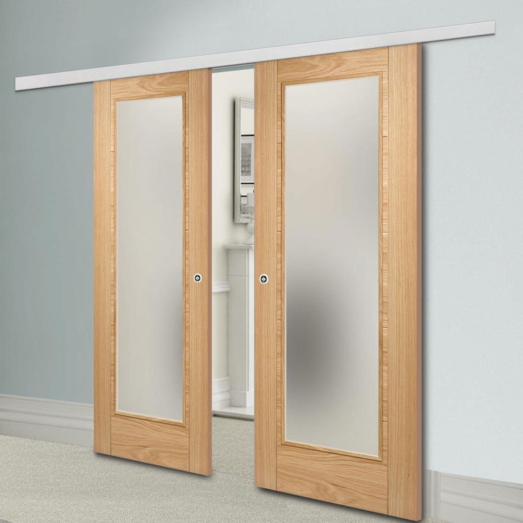 Premium Double Sliding Door & Wall Track - Pattern 10 Oak Door - Frost ...