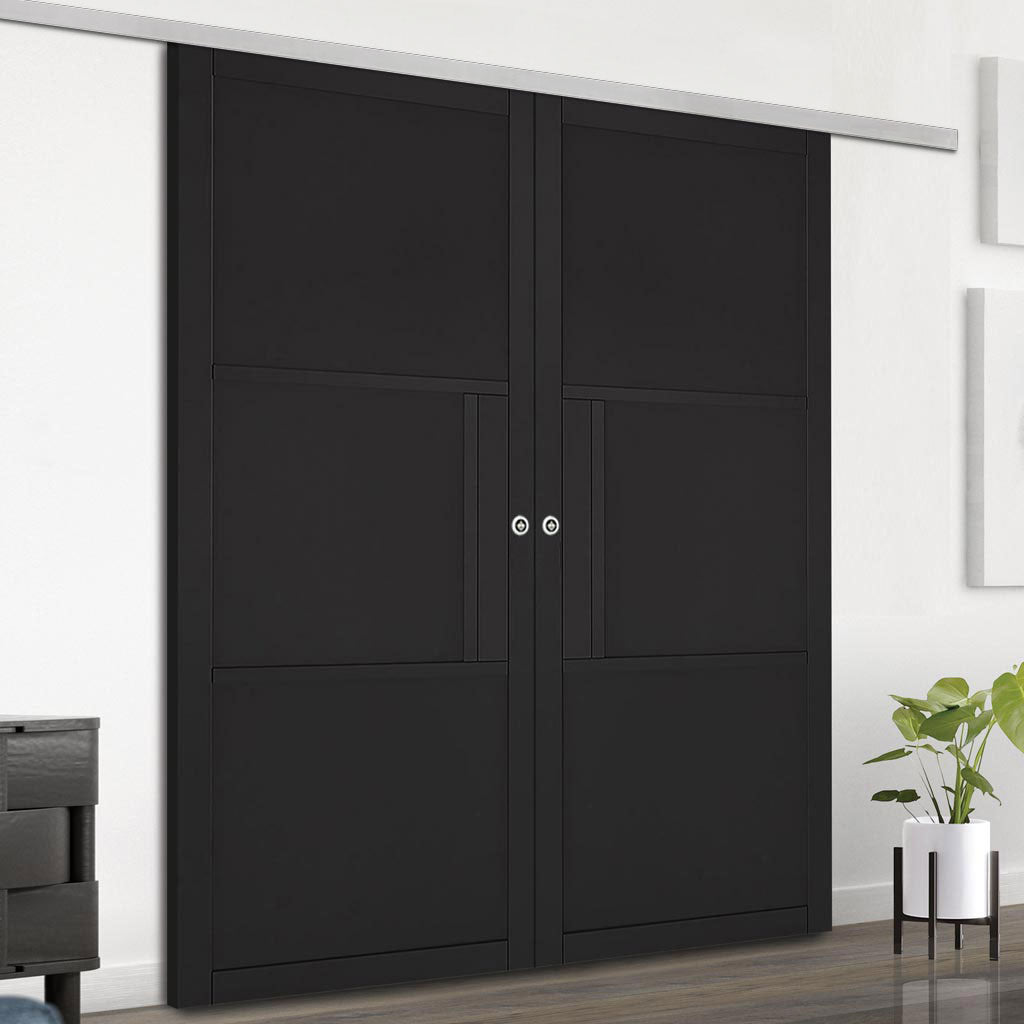 Premium Double Sliding Door & Wall Track - Tribeca 3 Panel Black Paint