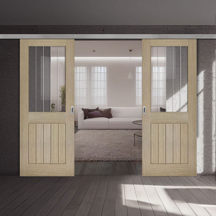 Premium Double Sliding Door & Wall Track - Belize Light Grey Door - Cl ...