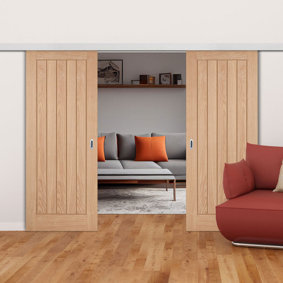 Premium Double Sliding Door & Wall Track - Belize Oak Door - Prefinish ...