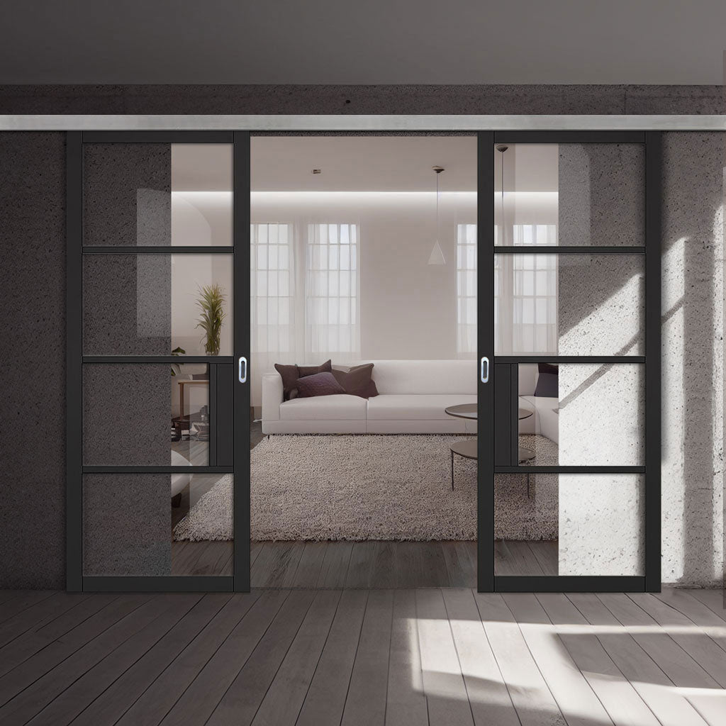Premium Double Sliding Door & Wall Track - Chelsea 4 Pane Black Primed