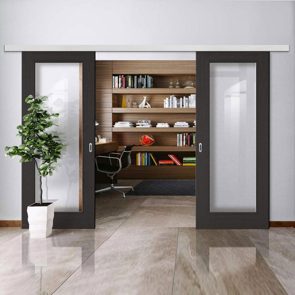 Premium Double Sliding Door & Wall Track - Diez Charcoal Black 1L Door