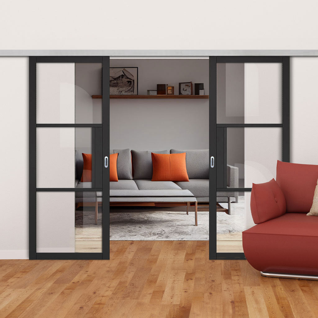 Premium Double Sliding Door & Wall Track - Tribeca 3 Pane Black Painte