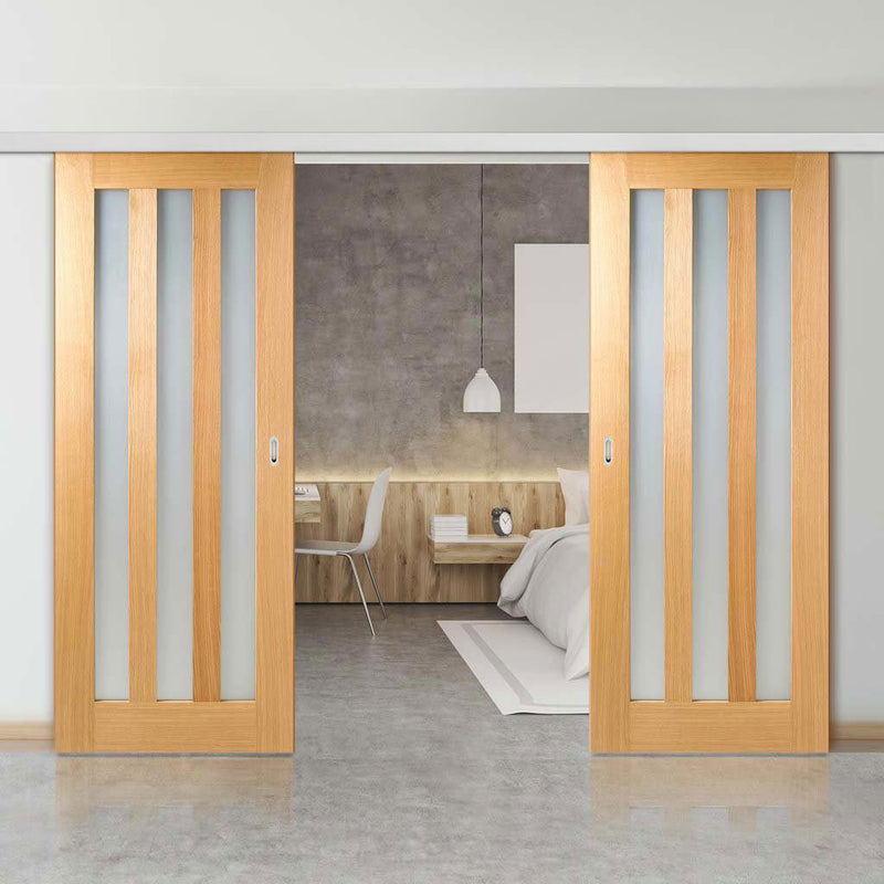 Premium Double Sliding Door & Wall Track - Utah 3 Pane Oak Door - Fros ...