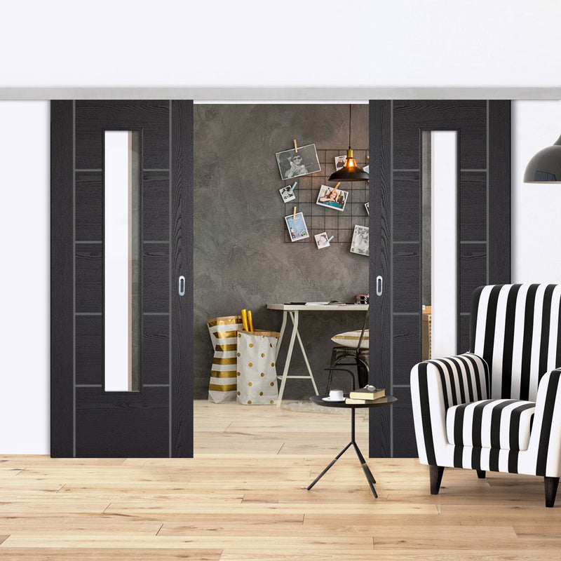 Premium Double Sliding Door & Wall Track - Laminate Vancouver Black Do ...