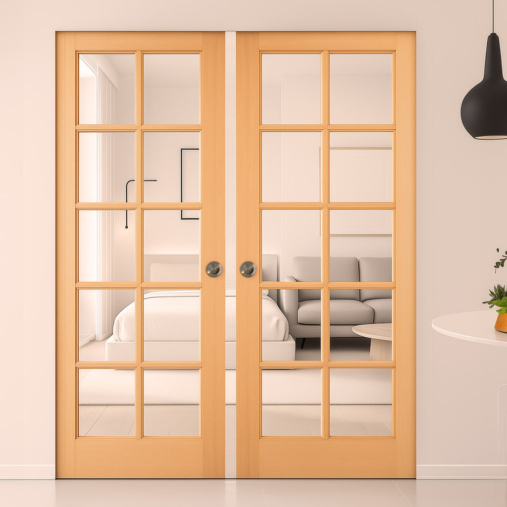 SA 10 Pane Oak Double Absolute Evokit Pocket Door - Clear Glass - Unfi