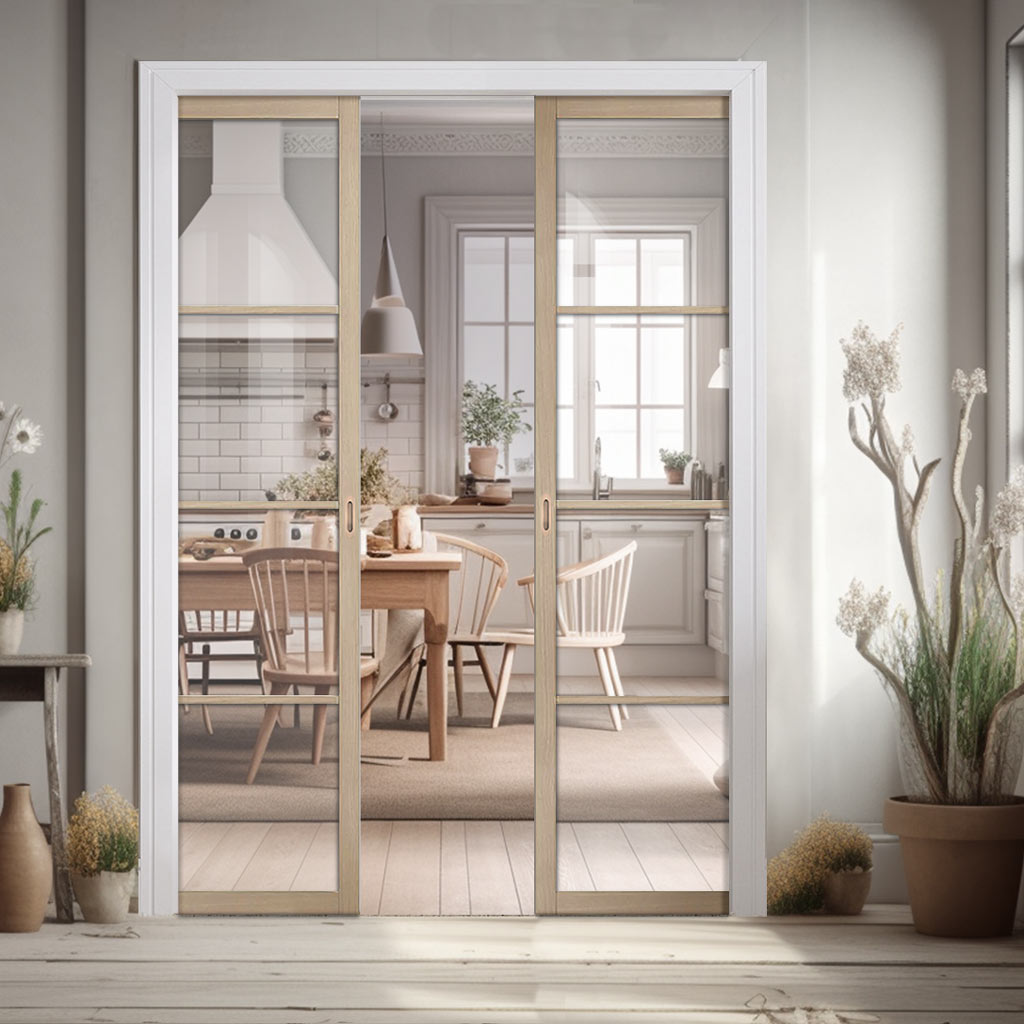 Soho 4 Pane Blonde Oak Double Evokit Pocket Door - Clear Glass - Prefi
