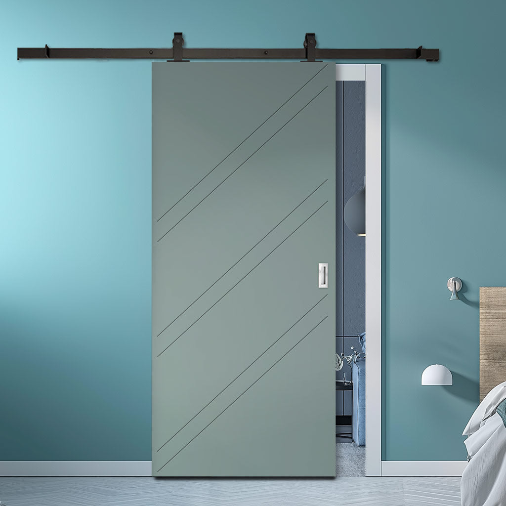 Top Mounted Black Sliding Track & Solid Wood Door - V-Line® Grooved Fl