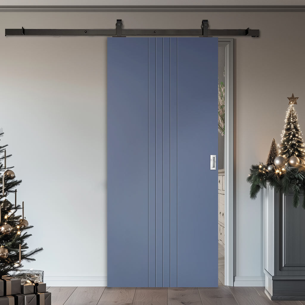 Top Mounted Black Sliding Track & Solid Wood Door - V-Line® Grooved Fl