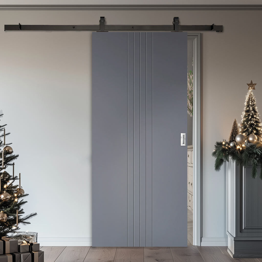 Top Mounted Black Sliding Track & Solid Wood Door - V-Line® Grooved Fl