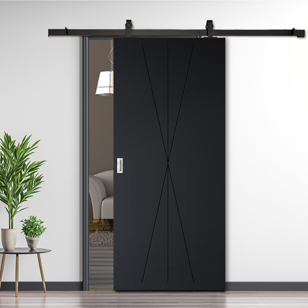 Top Mounted Black Sliding Track & Solid Wood Door - V-Line® Grooved Fl