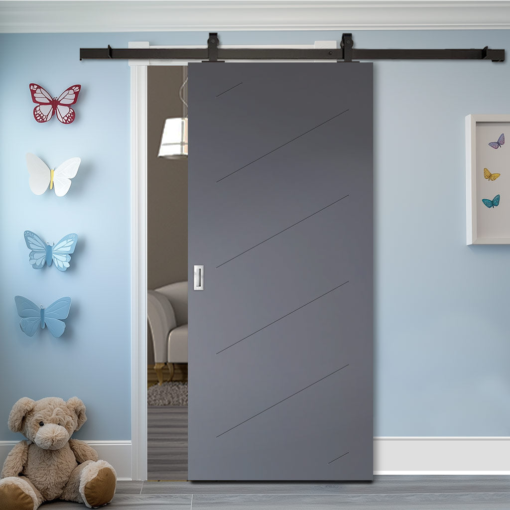 Top Mounted Black Sliding Track & Solid Wood Door - V-Line® Grooved Fl