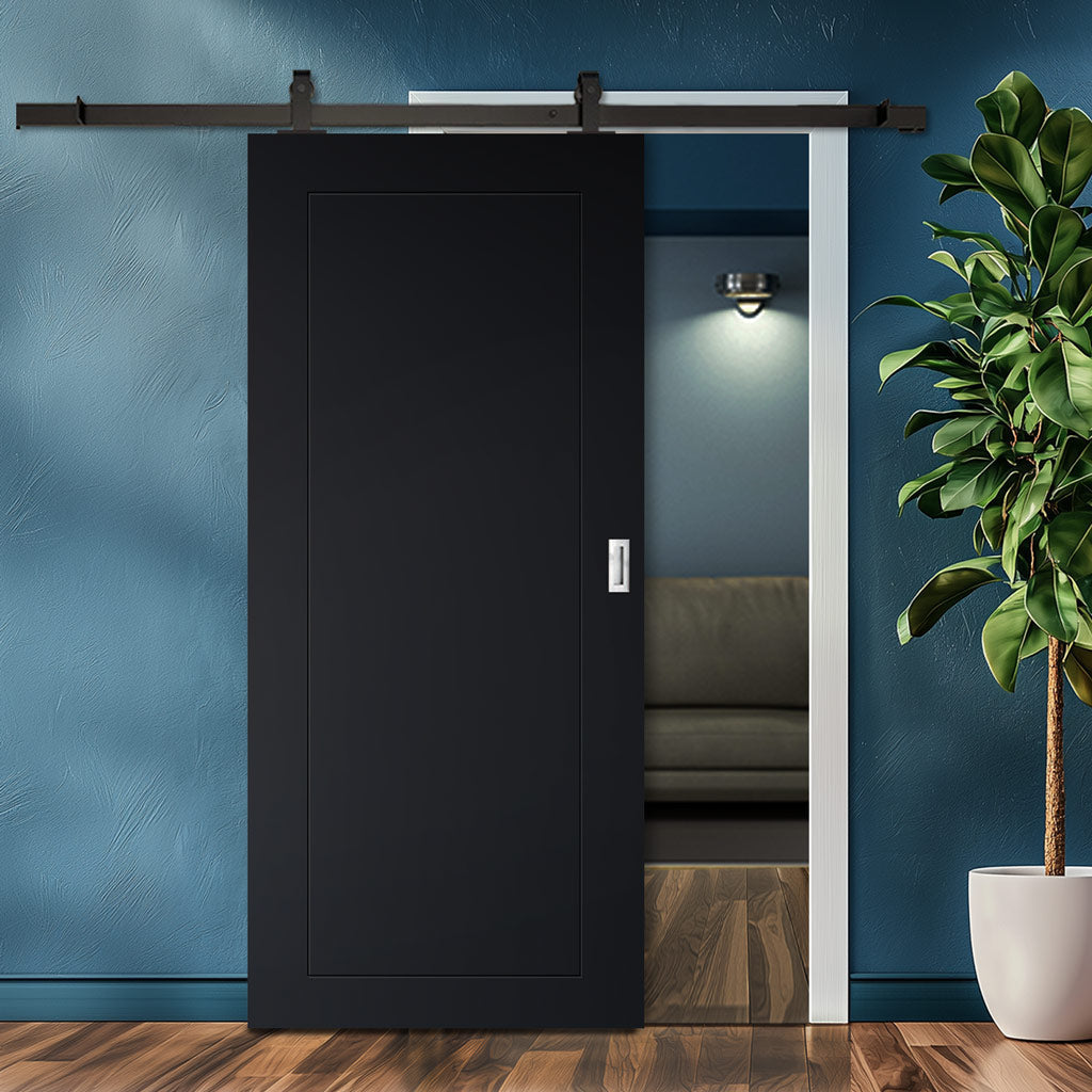 Top Mounted Black Sliding Track & Solid Wood Door - V-Line® Grooved Fl