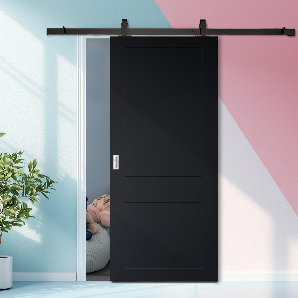 Top Mounted Black Sliding Track & Solid Wood Door - V-Line® Grooved Fl