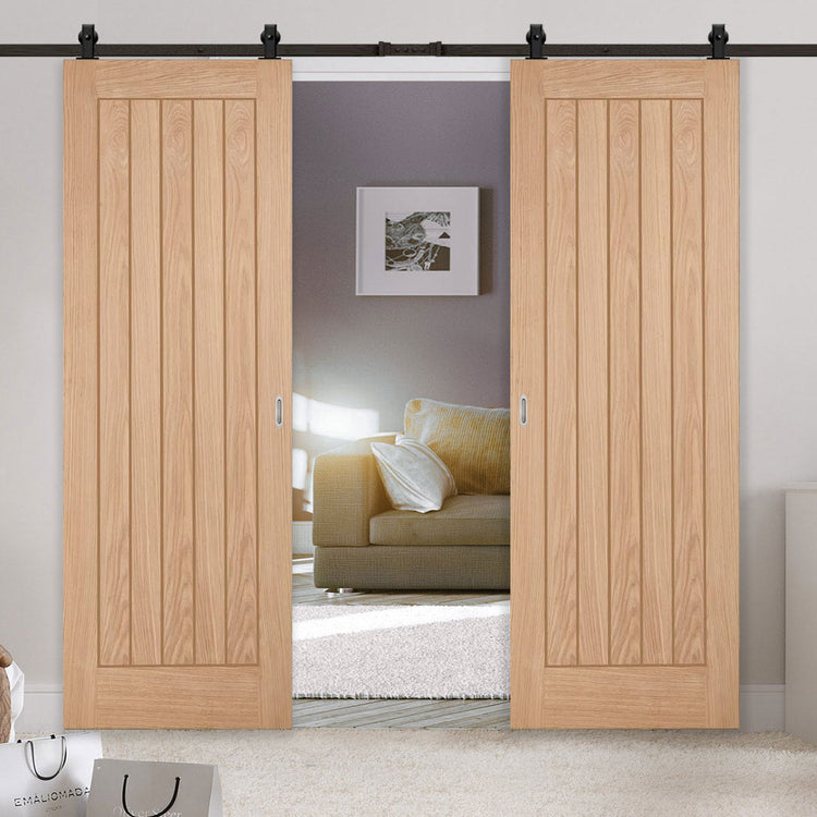 Top Mounted Black Sliding Track & Double Door - Belize Oak Doors - Unf ...